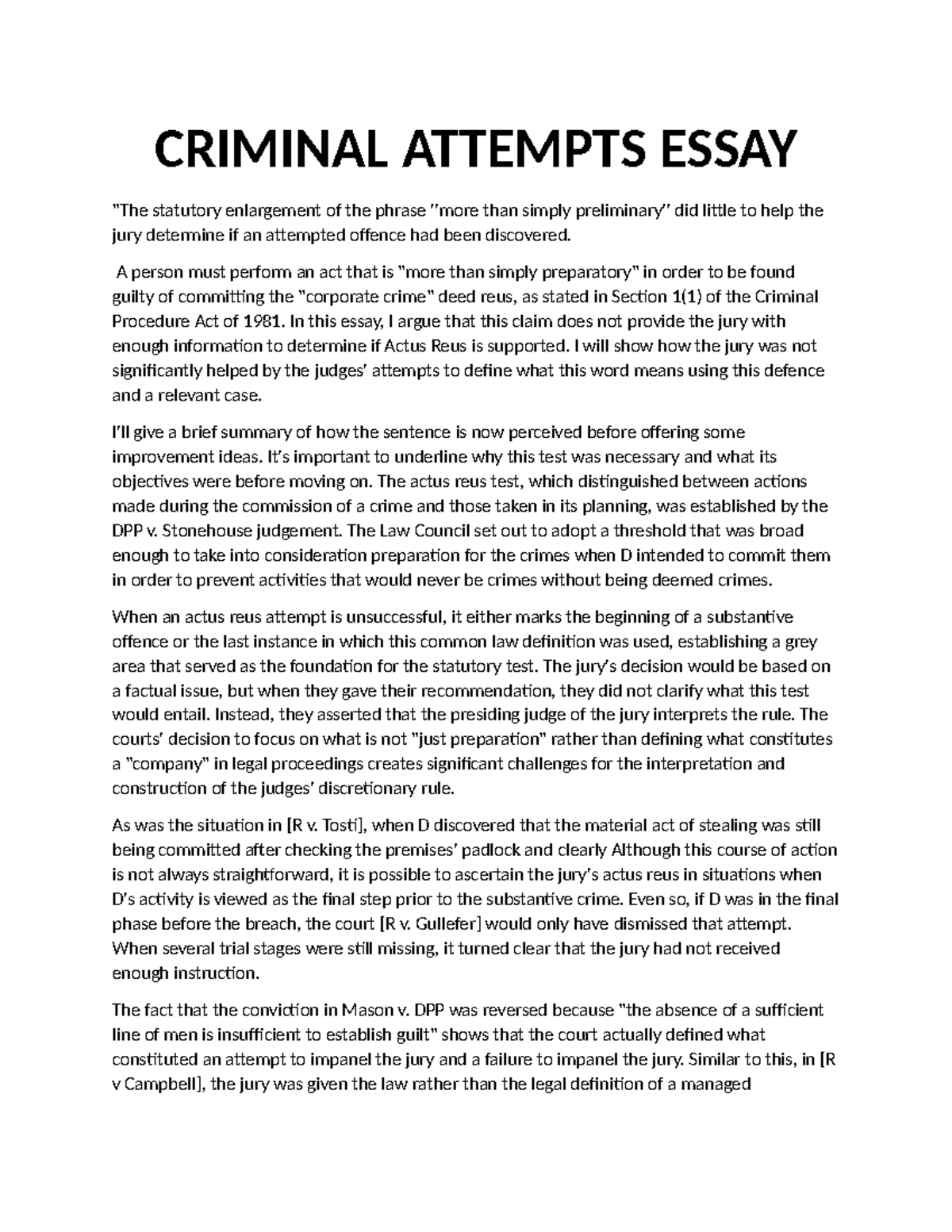 Zain c10 - Criminal attempts - CRIMINAL ATTEMPTS ESSAY "The statutory ...