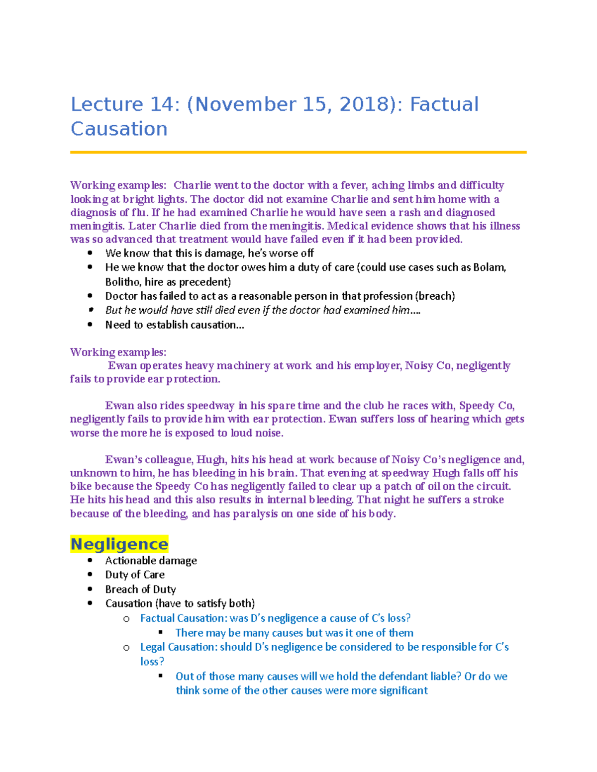 Tort (L14-16)- Factual & Legal Causation - Lecture 14: (November 15 ...