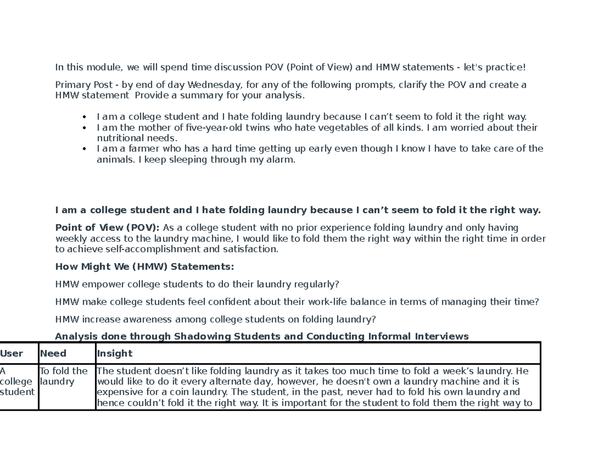 POV:HMW Practice - In this module, we will spend time discussion POV ...