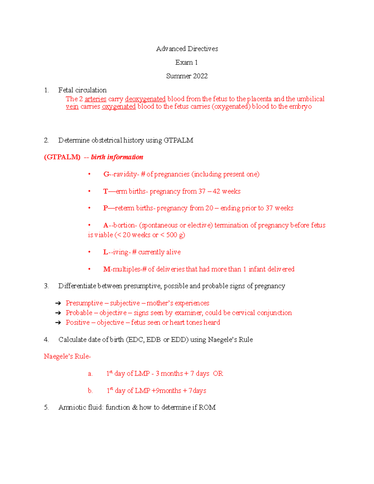 Advanced Directive OB - Advanced Directives Exam 1 Summer 2022 Fetal ...