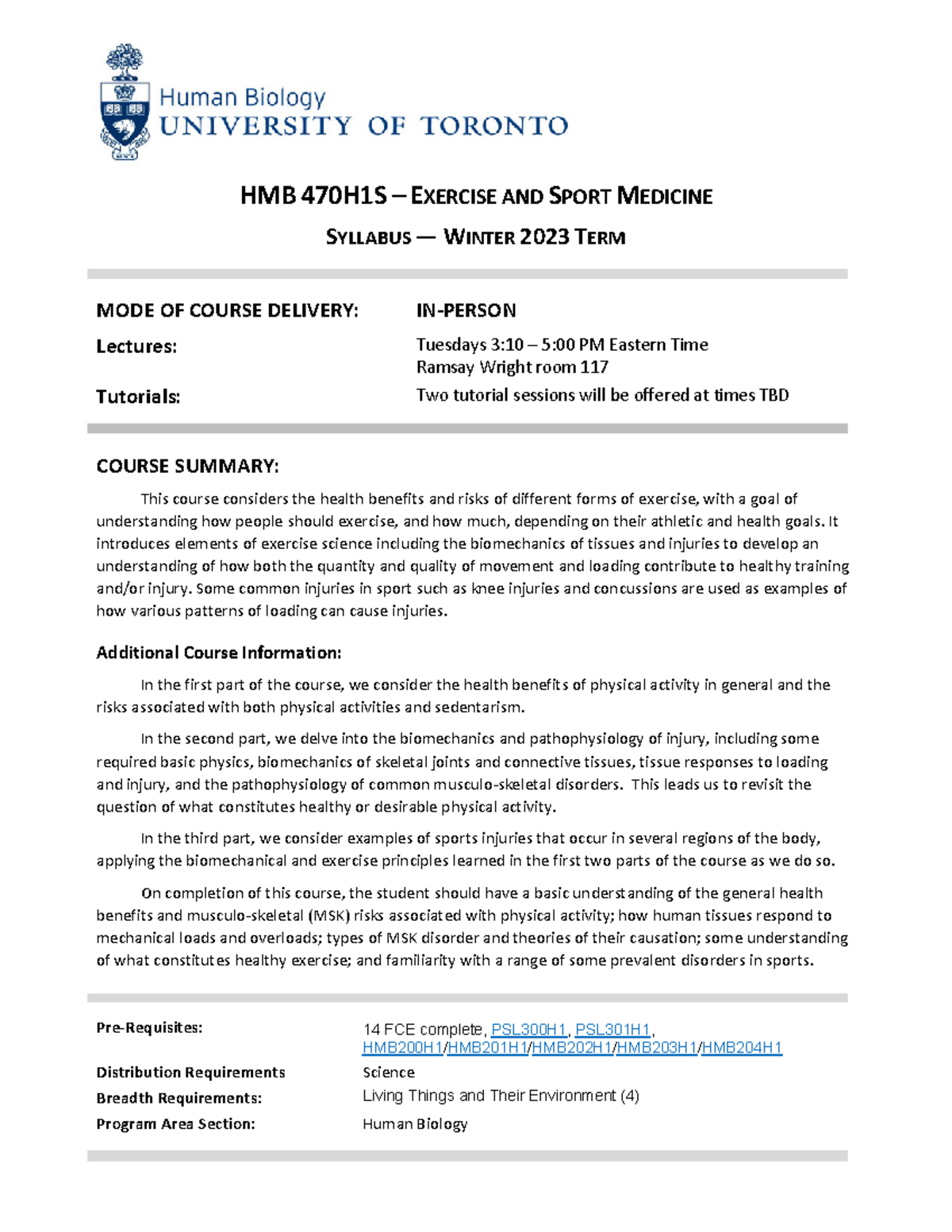 HMB470 Syllabus - HMB 470H1S – EXERCISE AND SPORT MEDICINE SYLLABUS ...