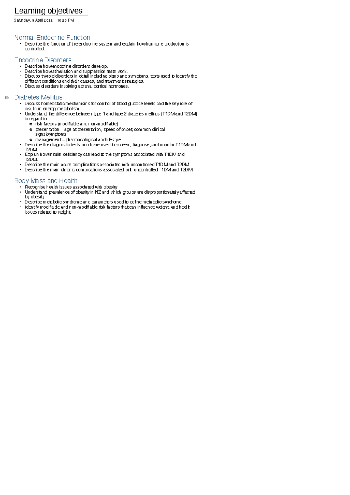 Learning Objectives Endocrine Learning Objectives Saturday 9 April