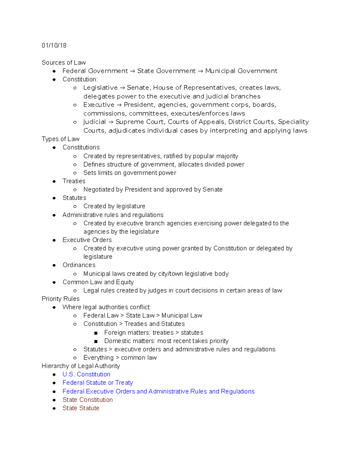 01 10 18 Powerpoint 1 - Lecture notes 1 - 01/10/ Sources of Law Federal ...