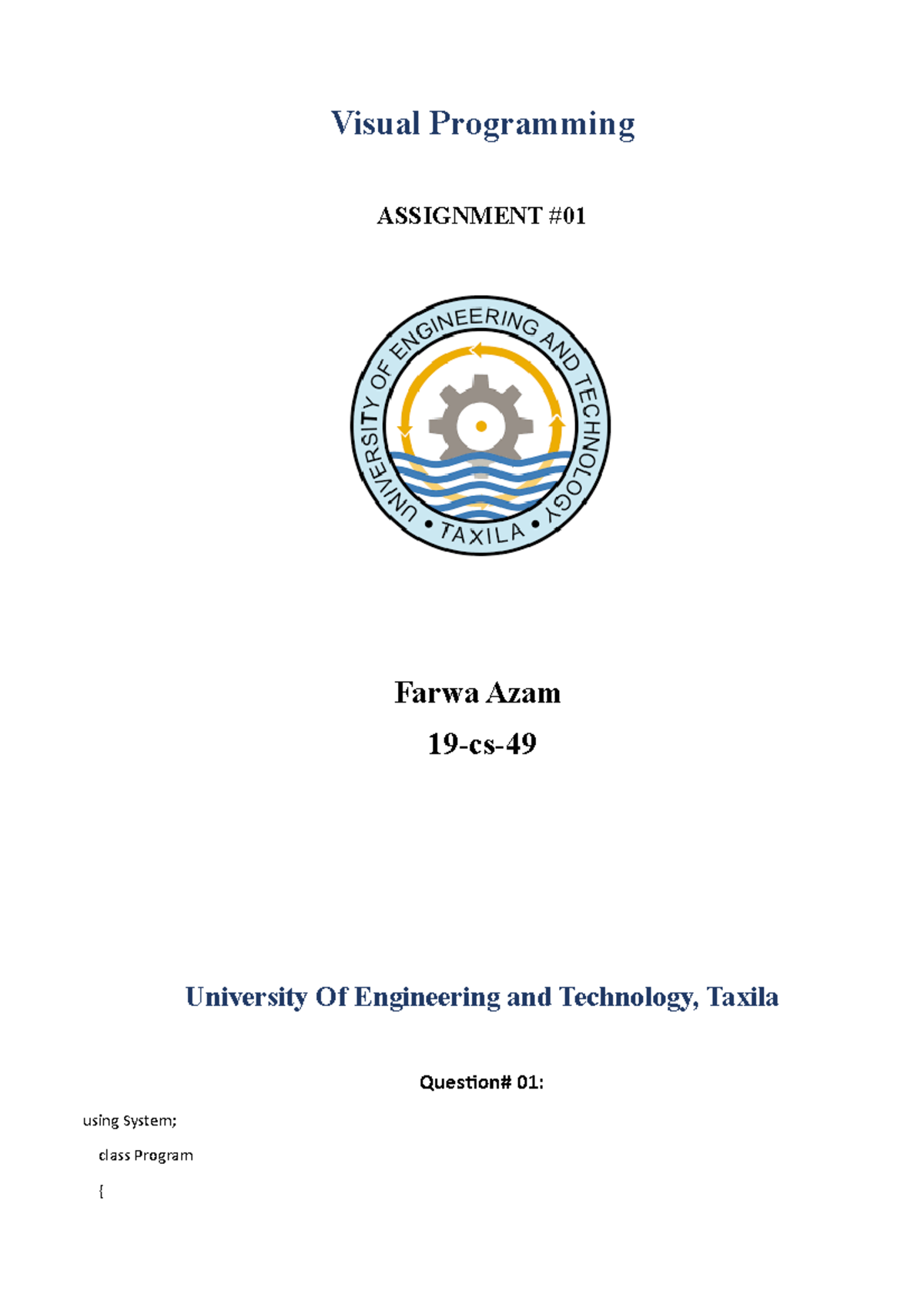 Farwa Azam19 Cs 49 Visual Programming Assignment Farwa Azam 19 Cs University Of Engineering
