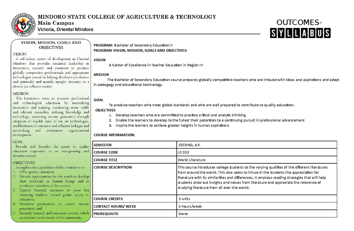 World Literature - A syllabus - PROGRAM: Bachelor of Secondary ...
