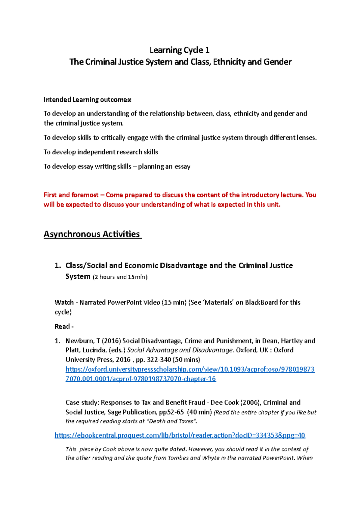 LC1- Required Reading and Activities - Learning Cycle 1 The Criminal ...