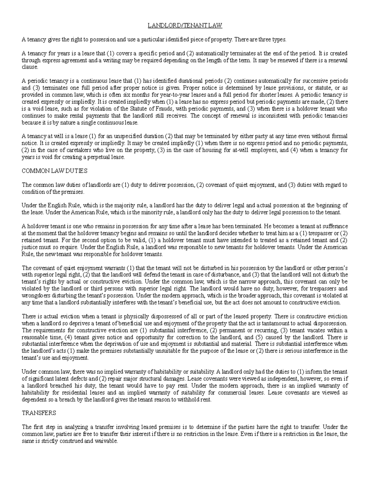 Property 2 Rule Script Paragraphs - LANDLORD/TENANT LAW A tenancy gives ...