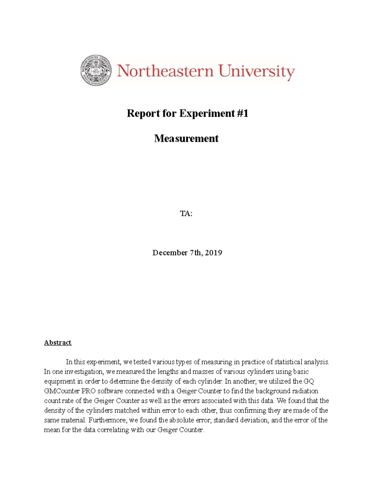 Experiment 1 Lab Report - Report for Experiment Measurement TA ...
