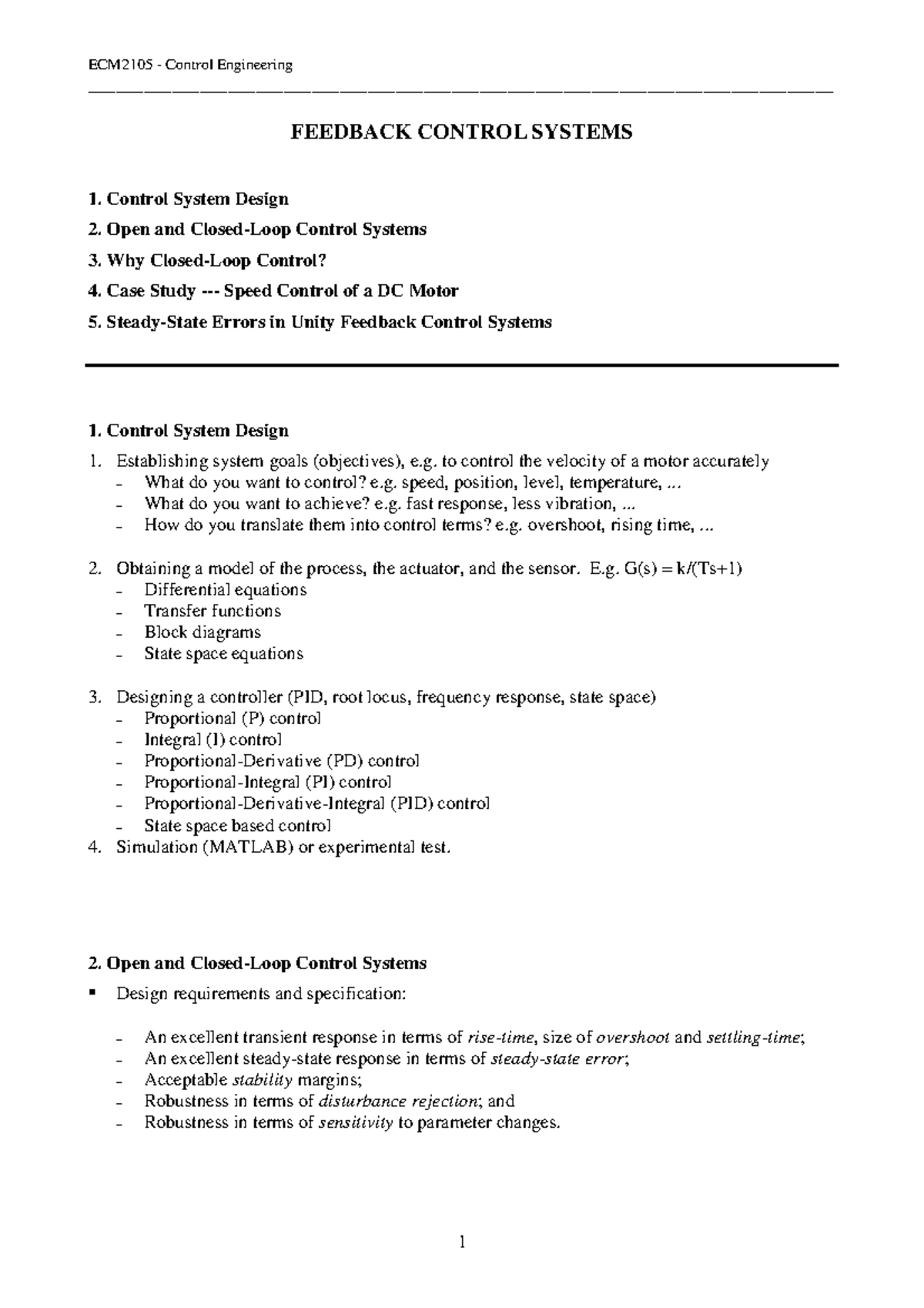 ECM2105 - Control Engineering - ECM2105 - Control Engineering FEEDBACK ...