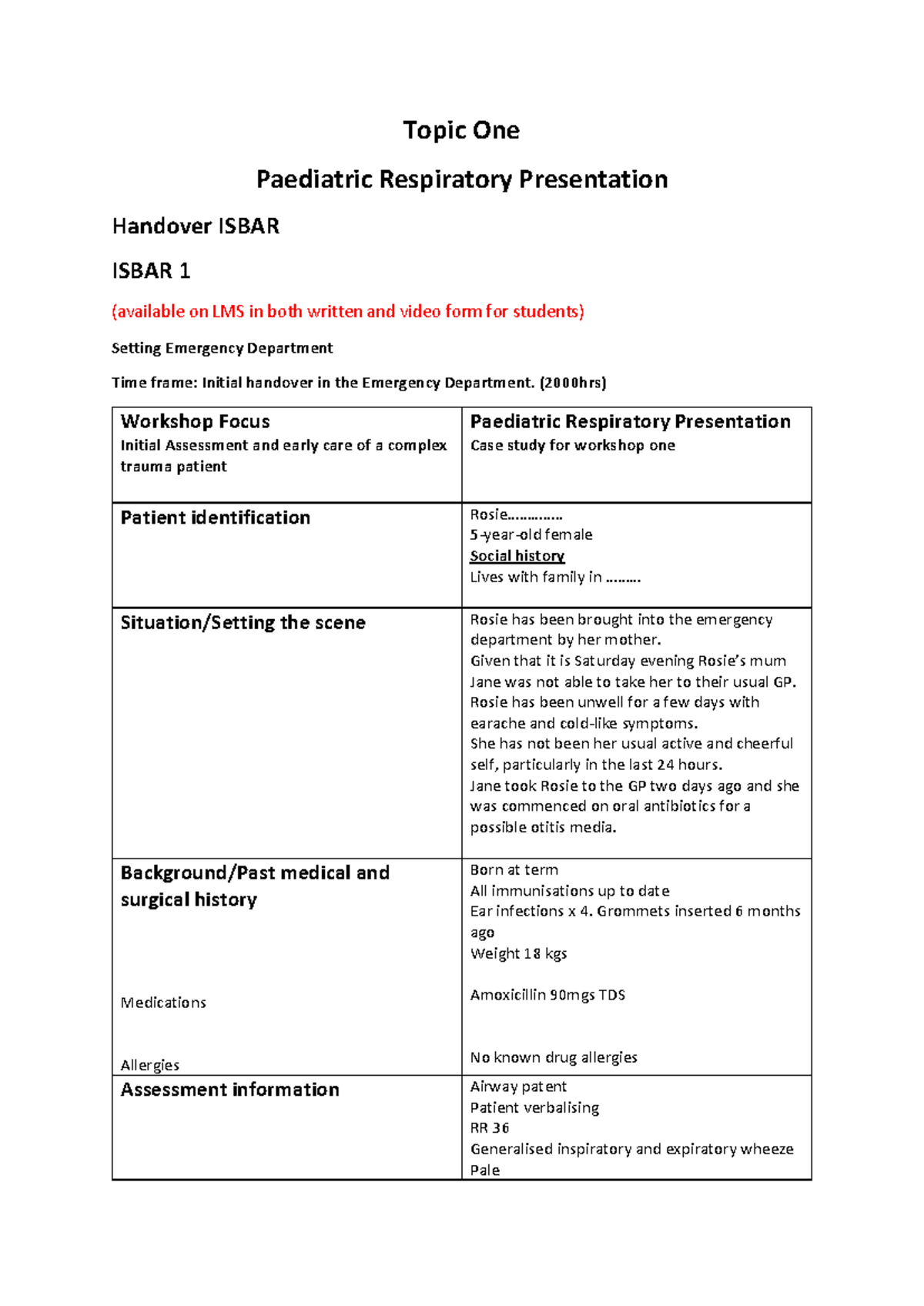 Handover - Topic One Paediatric Respiratory Presentation Handover ISBAR ...