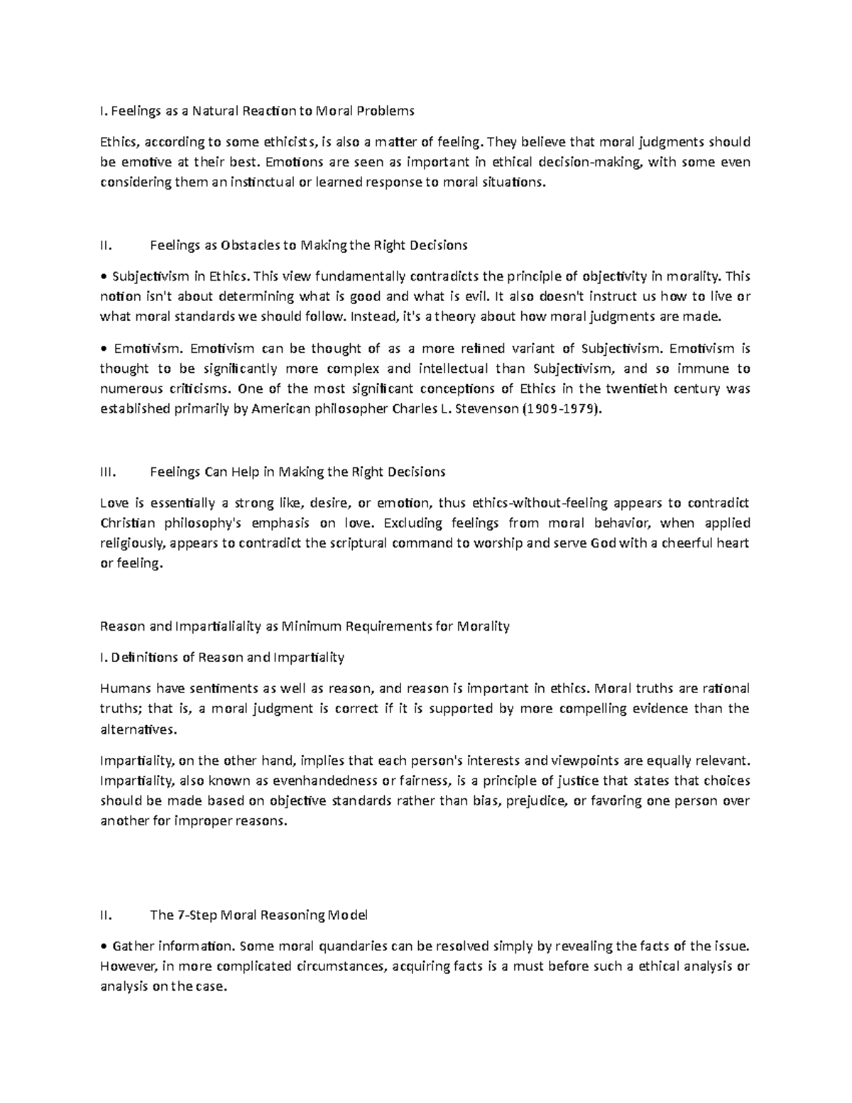 Ethics Note 4 - Moral Problems - I. Feelings as a Natural Reaction to ...