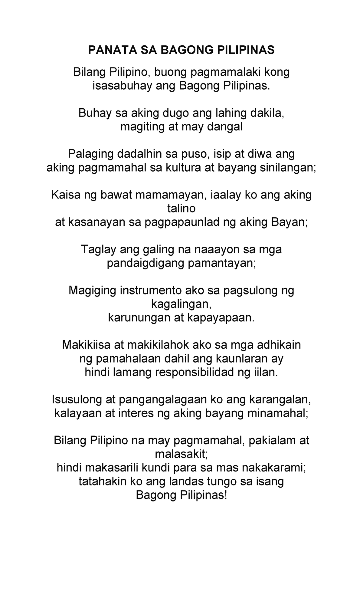 Panata SA Bagong Pilipinas - PANATA SA BAGONG PILIPINAS Bilang Pilipino ...
