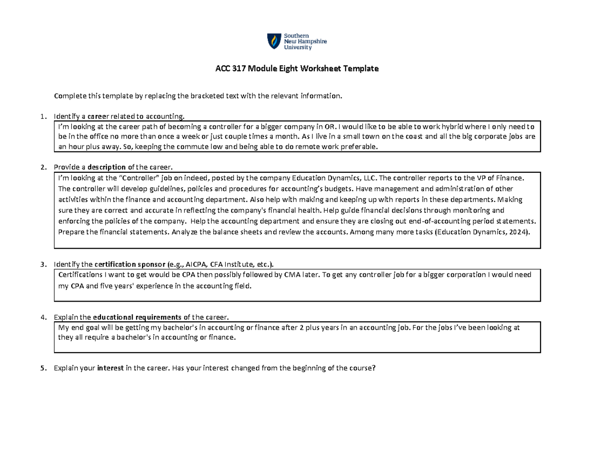 ACC 317 Module Eight Worksheet Template - ACC 317 Module Eight Worksheet Template Complete this ...