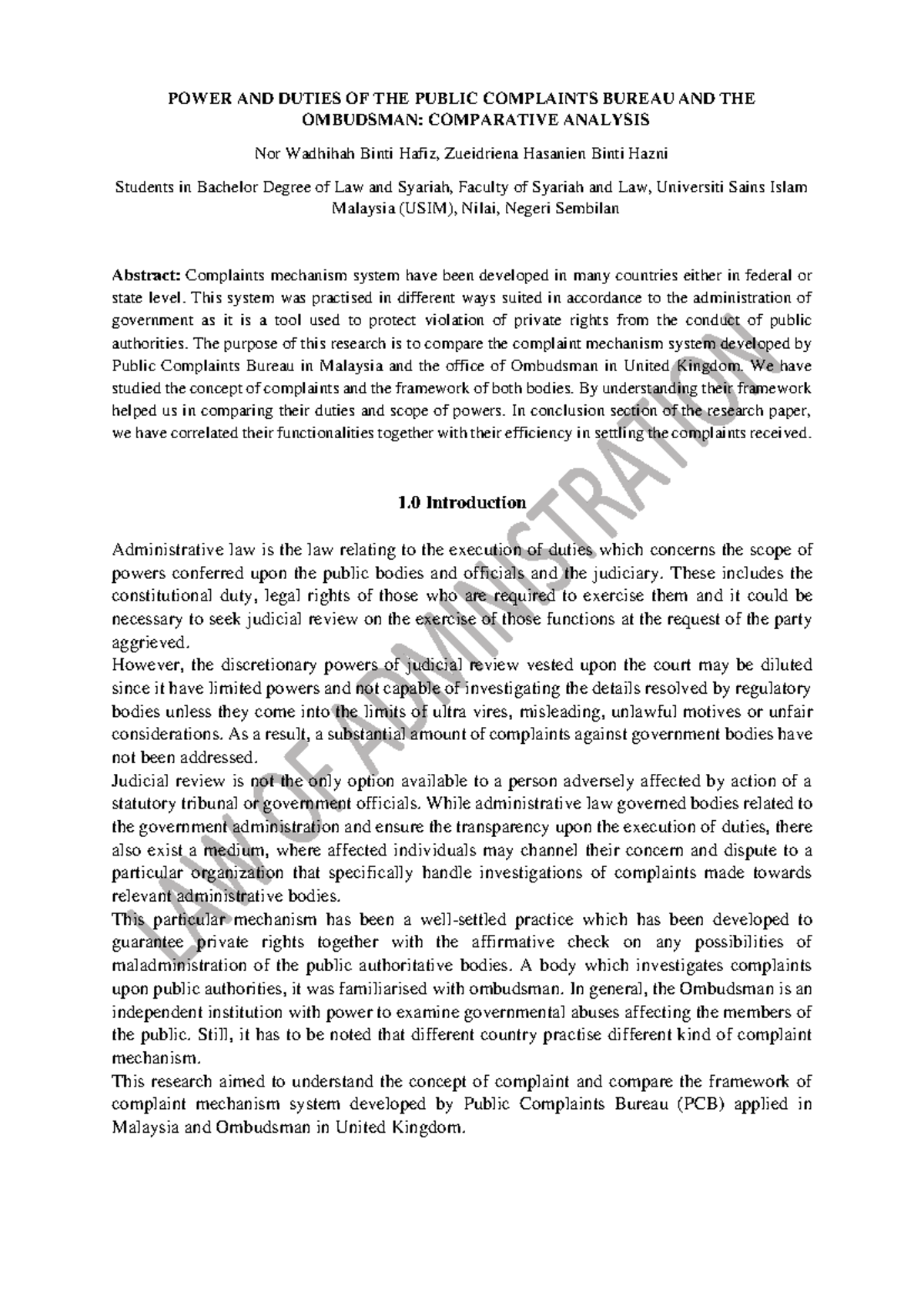 POWER AND DUTIES OF THE PUBLIC COMPLAINTS BUREAU AND THE OMBUDSMAN ...