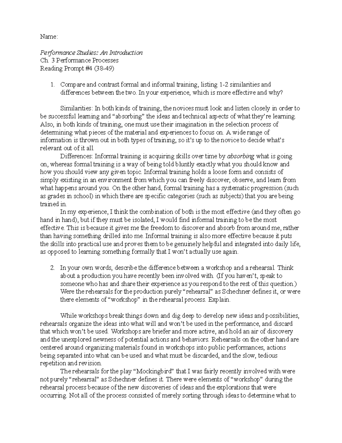 Intro to Performance Studies Reading Prompt (pp 38-49) - Name ...