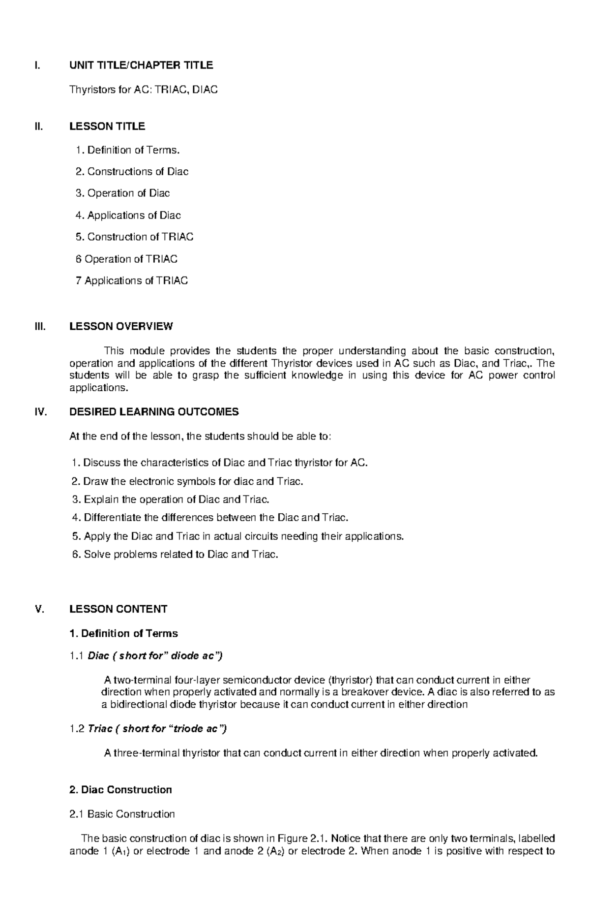 Electronics Systems and Design Lesson 2 - I. UNIT TITLE/CHAPTER TITLE ...