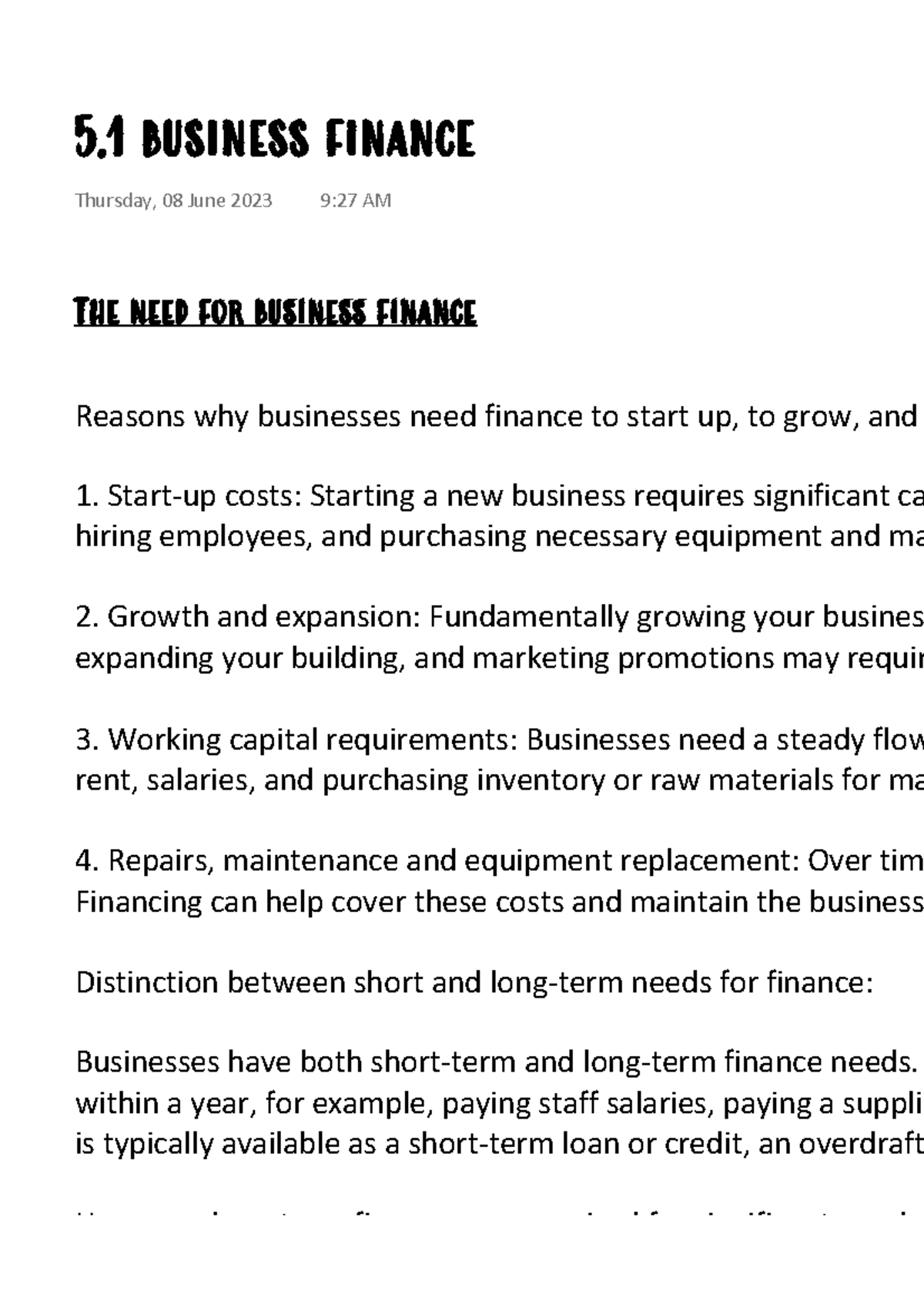 5.1 business finance - The need for business finance Reasons why ...