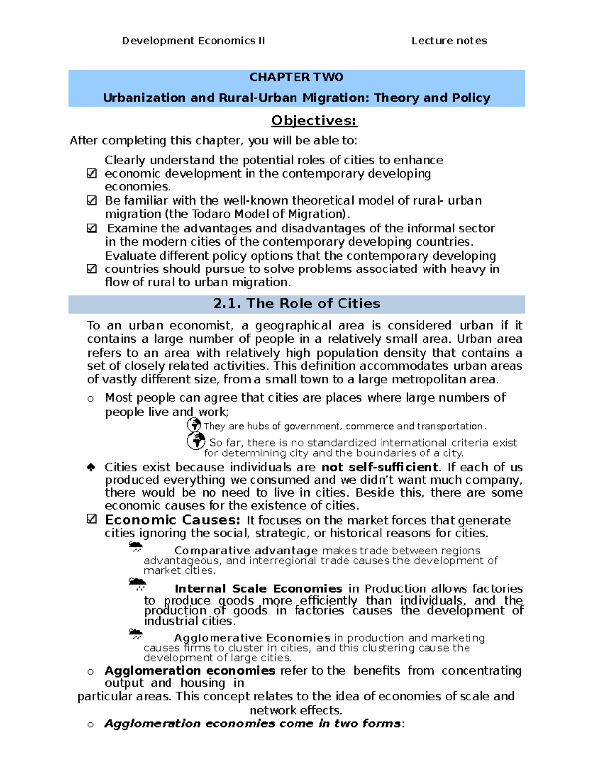 Chapter 2 handout - Copy - Development Economics II Lecture notes ...