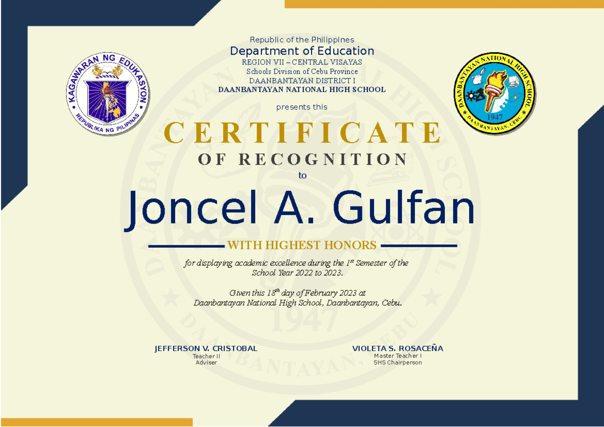 Final Certificate OF Recognition grade 11 - to for displaying academic ...