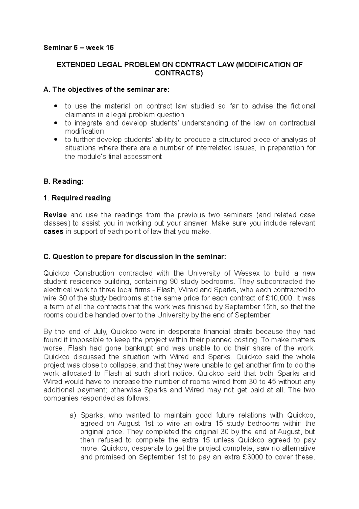 Seminar 6 - Seminar 6 – week 16 EXTENDED LEGAL PROBLEM ON CONTRACT LAW ...