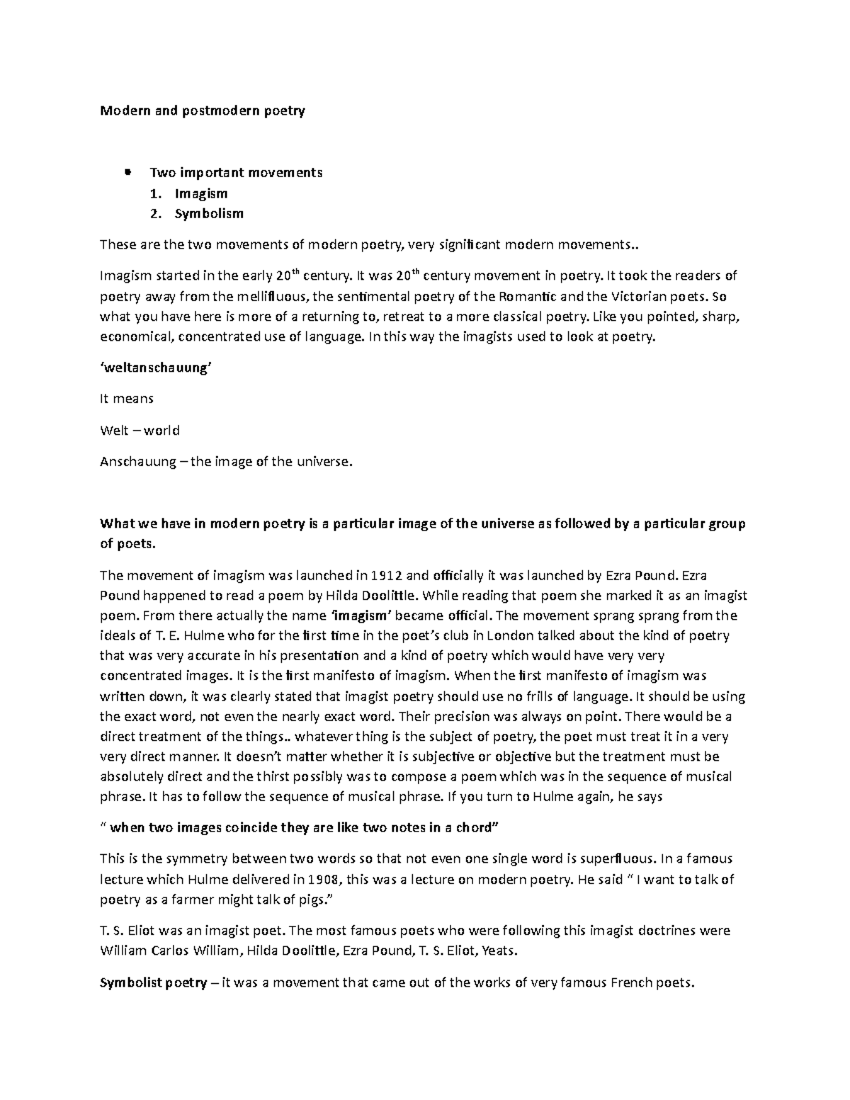 Modern and post mod poetry - Modern and postmodern poetry Two important ...