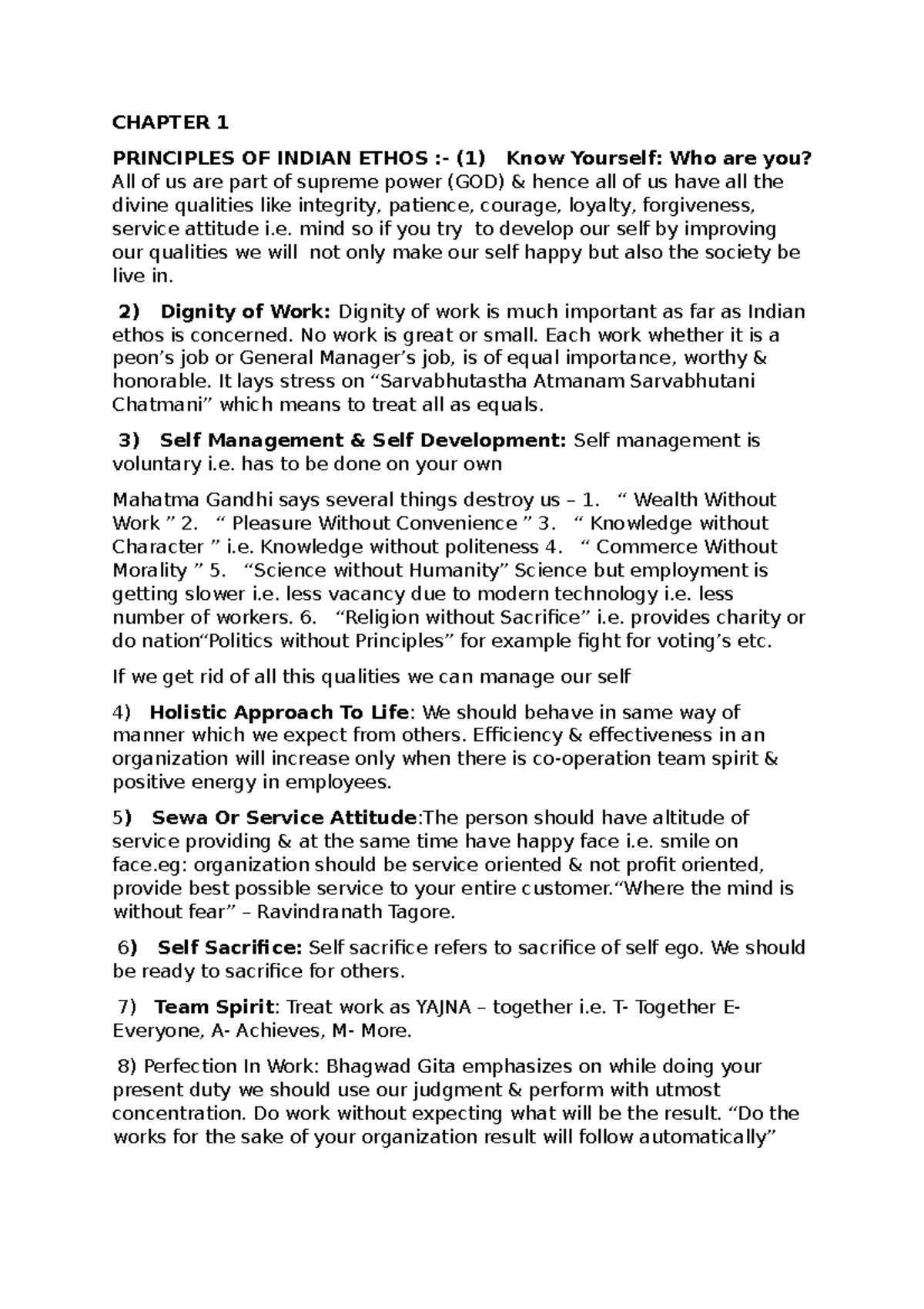 Ethiicks SEM 1 - CHAPTER 1 PRINCIPLES OF INDIAN ETHOS :- (1) Know ...