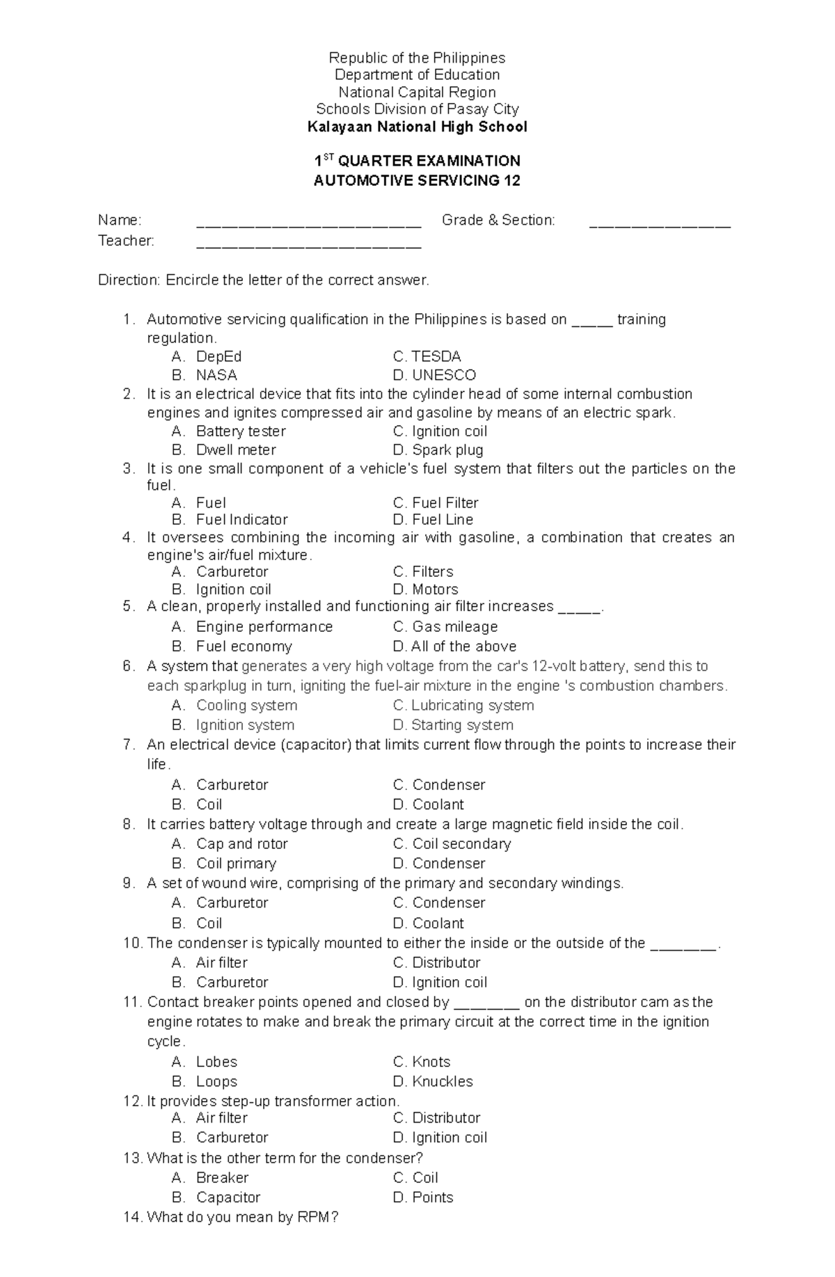 1ST Periodical TEST - Republic of the Philippines Department of ...