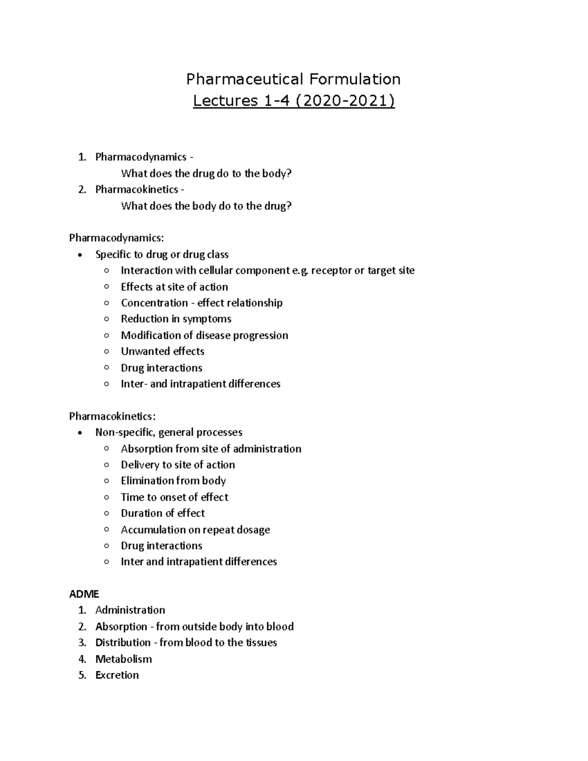 Pharmaceutical Formulation lecturenotes 1to4 20202021 - Pharmaceutical ...