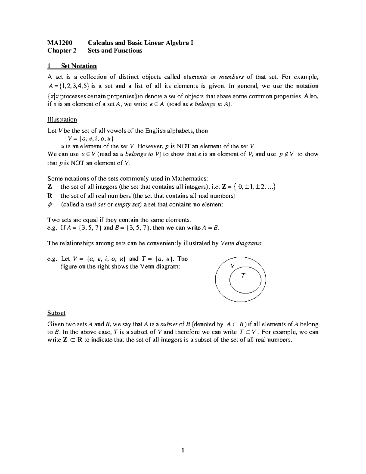 MA1200 Chapter 2 Sets and Functions - MA1200 Calculus and Basic Linear ...