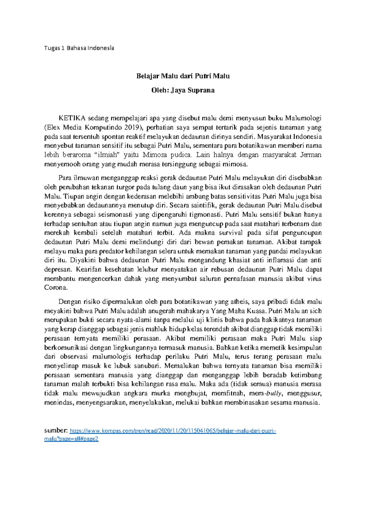 Tugas 1 Bahasa Indonesia - Tugas 1 Bahasa Indonesia Belajar Malu dari Putri Malu Oleh: Jaya ...