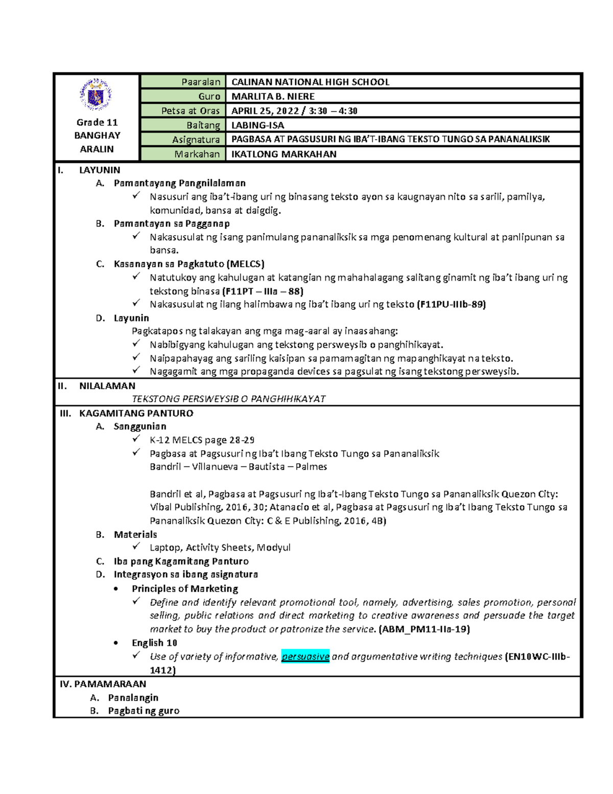 LP-COT1 - Lesson Plan - Grade 11 BANGHAY ARALIN Paaralan CALINAN ...