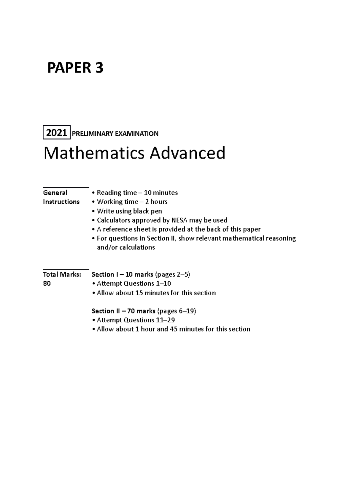 Paper 3 Year 11 Mathematics Advanced Examination - PAPER 3 2021 PRELIMINARY EXAMINATION ...