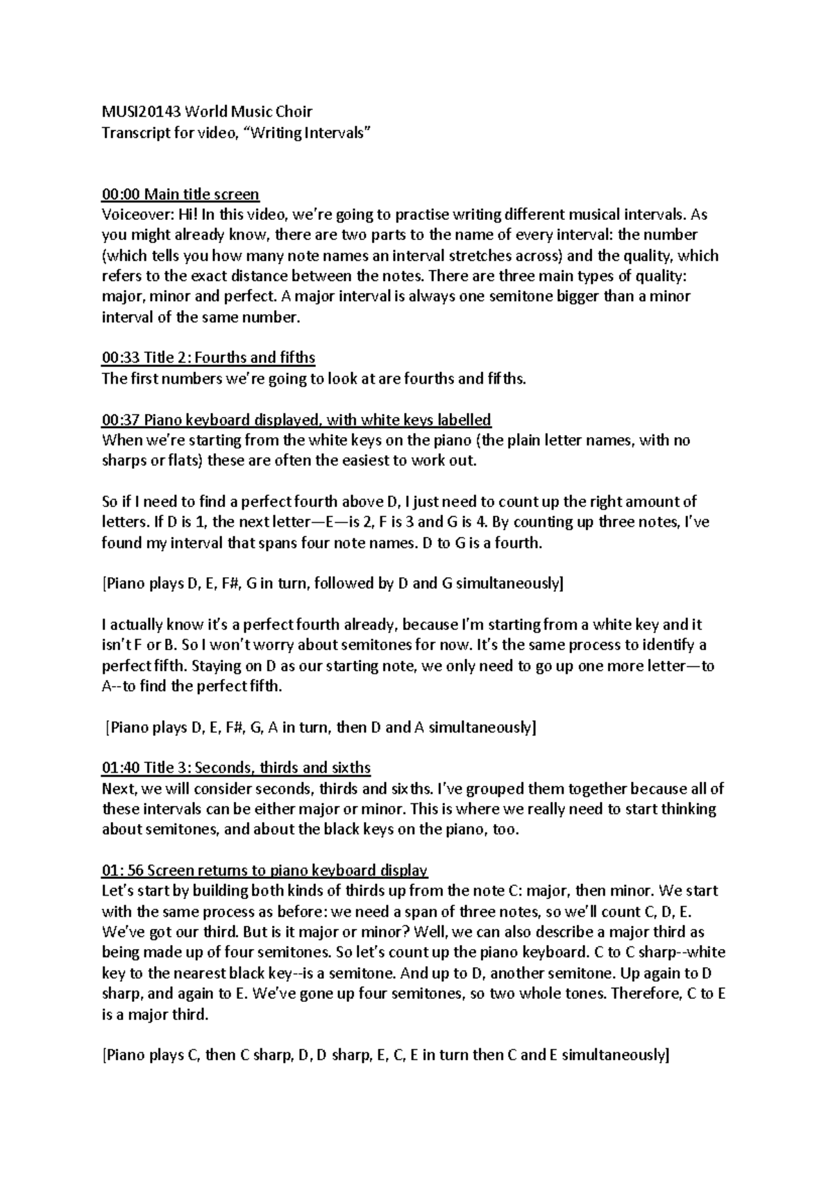 Writing intervals - MUSI20143 World Music Choir Transcript for video ...