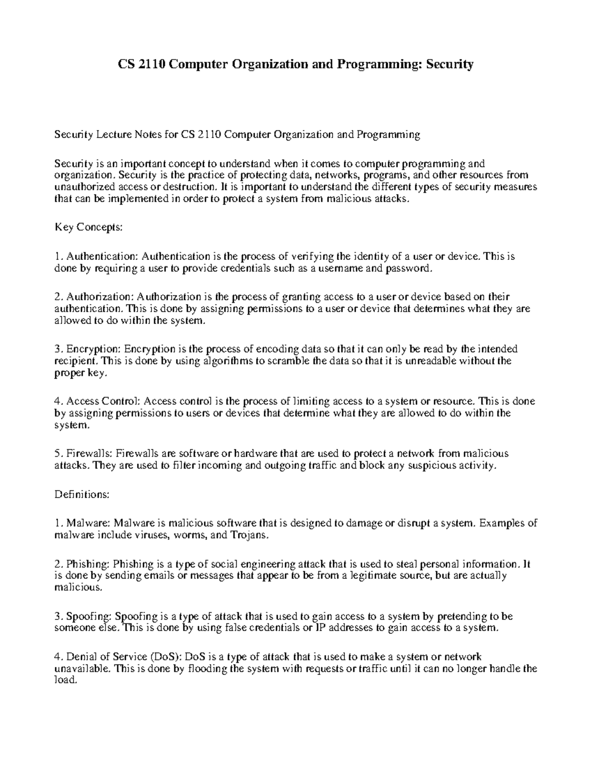 CS 2110 Computer Organization and Programming - Security - Security is the practice of ...