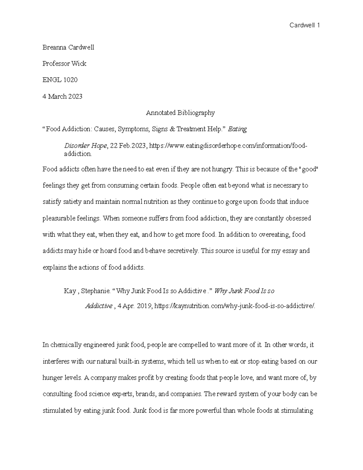 Copy of Annotated Bibliography - Cardwell 1 Breanna Cardwell Professor ...