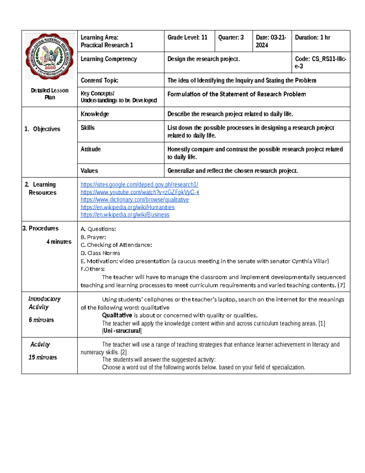 3rd Demo - Detailed Lesson Plan Learning Area: Practical Research 1 ...