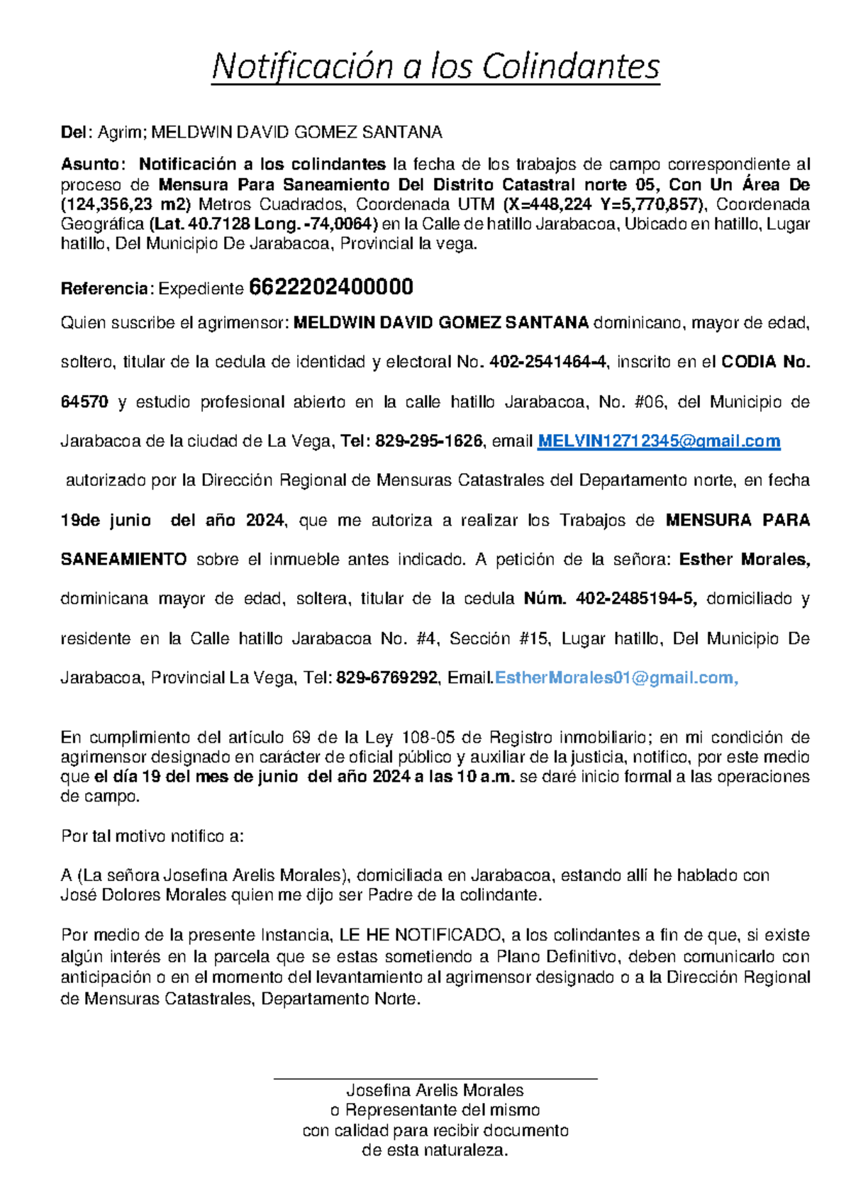 Notificación a los colindantes - 40 Long. - 74,0064) en la Calle de ...