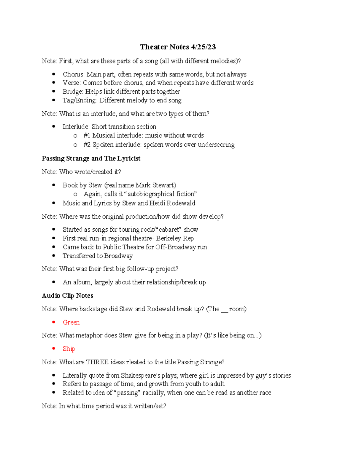 Theater Notes 4-25-23 - Theater Notes 4/25/ Note: First, what are these ...
