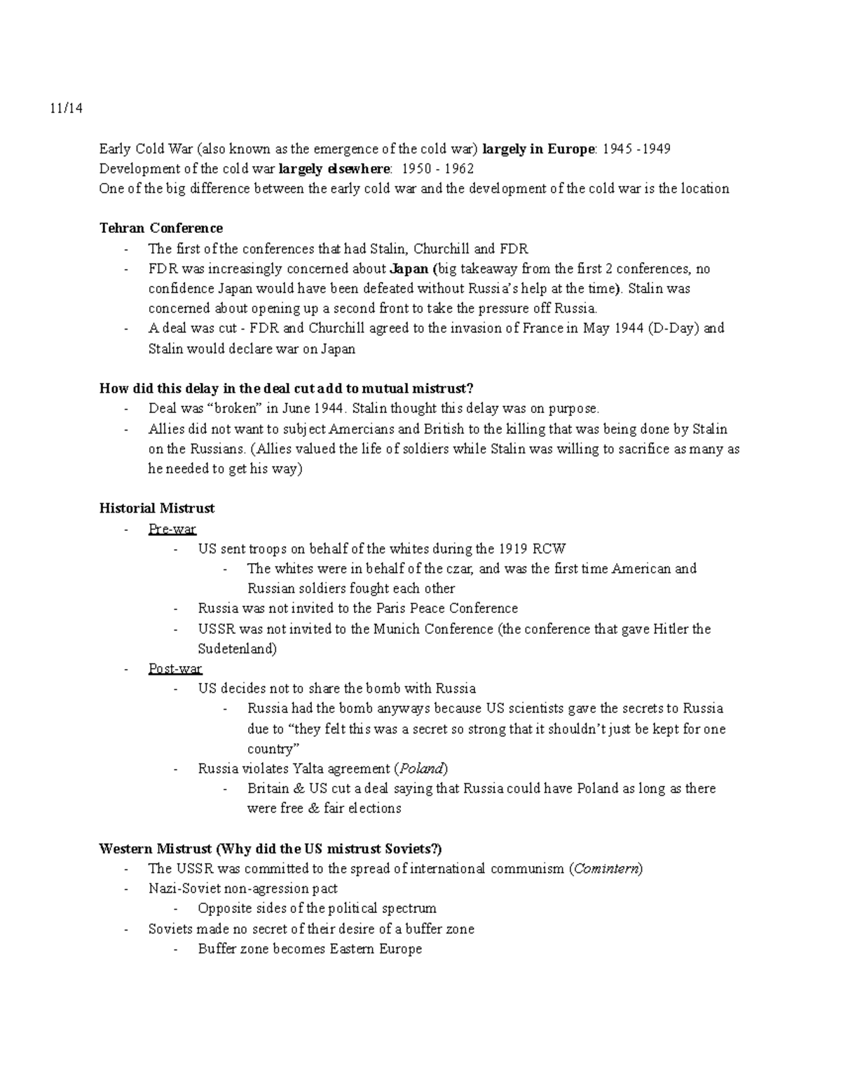 Topics Emergence of the Cold War 1945-1949 Notes - 11/ Early Cold War ...