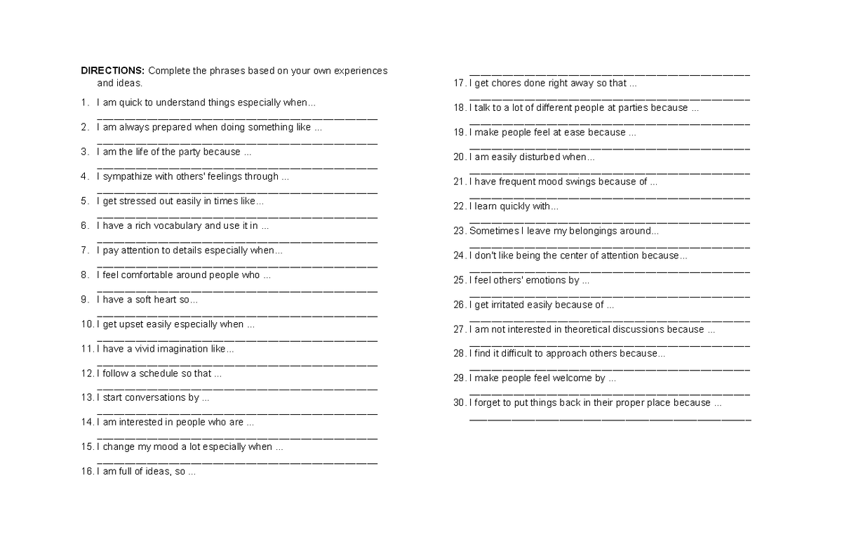 SRA Questionnaire 2 - hahahah - DIRECTIONS: Complete the phrases based ...