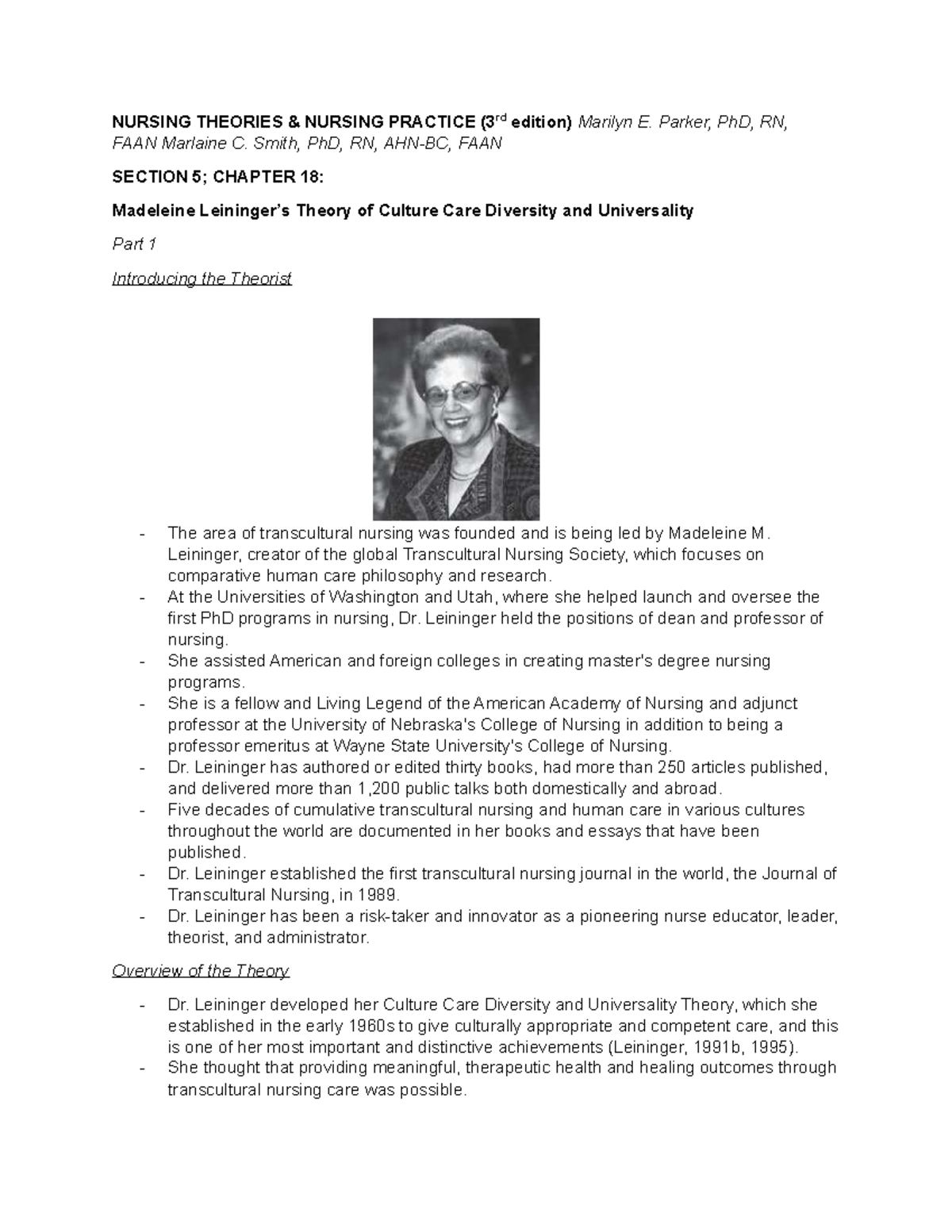 Madeleine Leininger - TFN notes 2021-2022 - NURSING THEORIES & NURSING ...