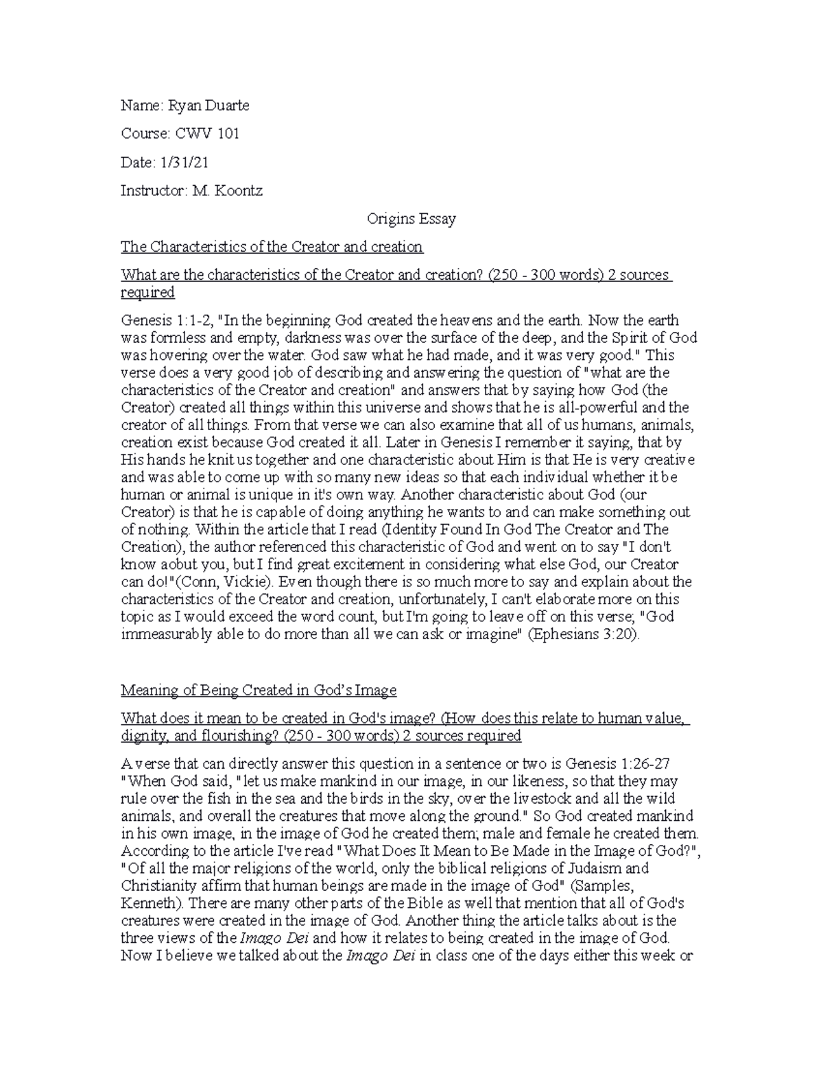 Origins Essay Christian Worldview - Cwv 101 - GCU - Studocu