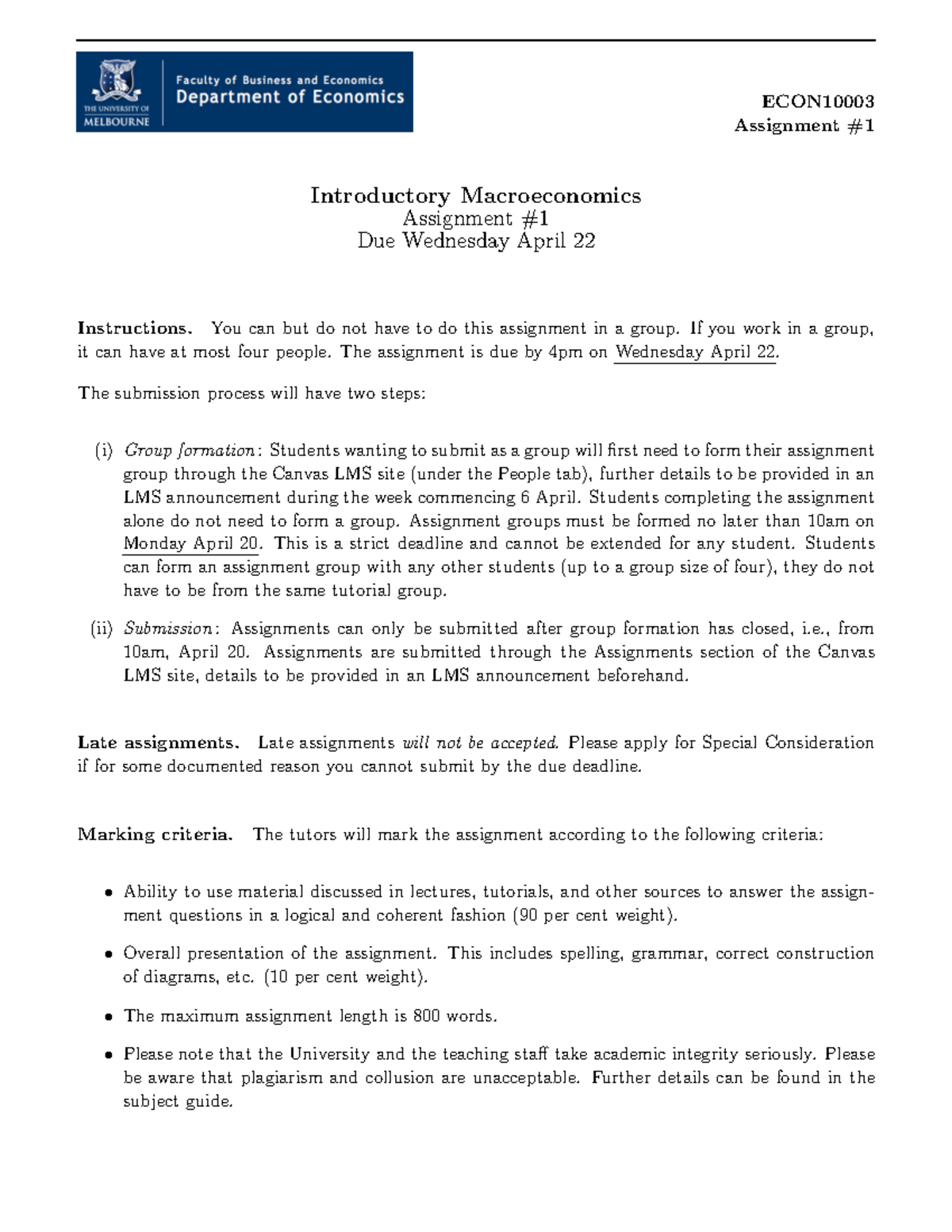 Econ10003 Assignment 1 Econ Assignment Introductory Macroeconomics Assignment Due Wednesday