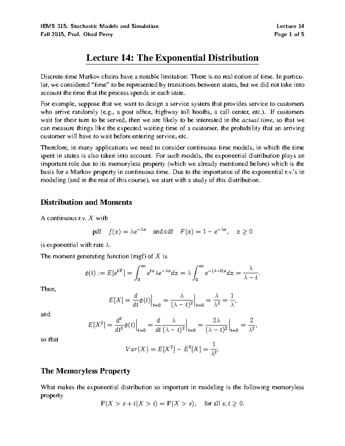 315 Lec14 Lecture Notes 14 Iems 315 Stochastic Models And Simulation Lecture 14 Fall 2015