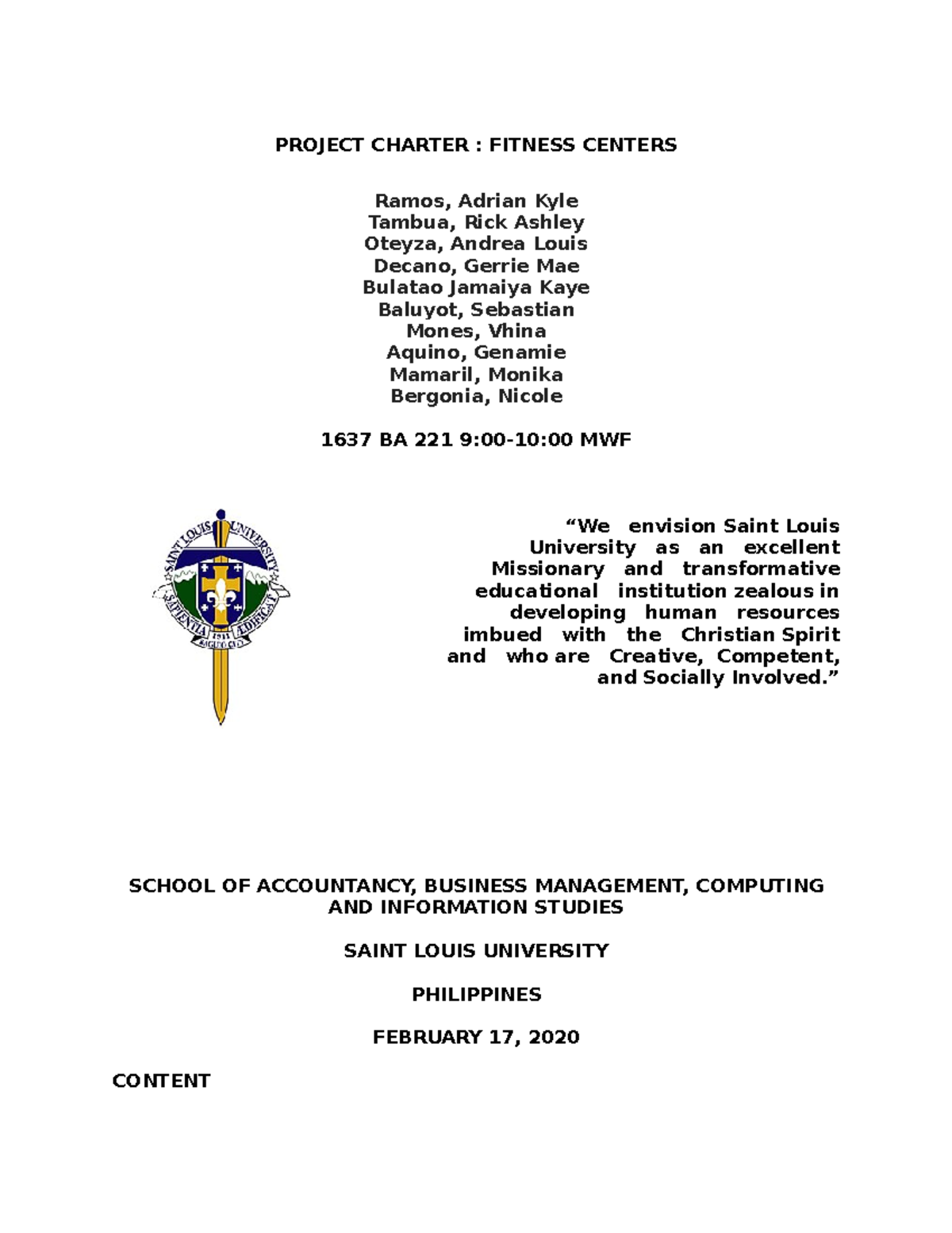 Project Charter - Lectures - PROJECT CHARTER : FITNESS CENTERS Ramos ...