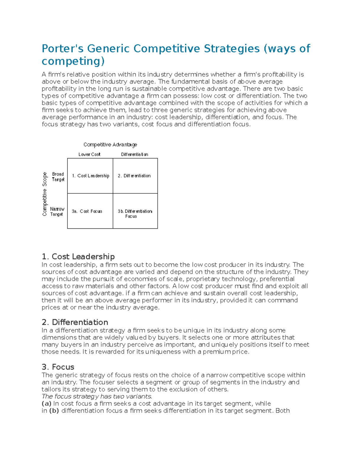 Porter - Porter's Generic Competitive Strategies (ways of competing) A ...