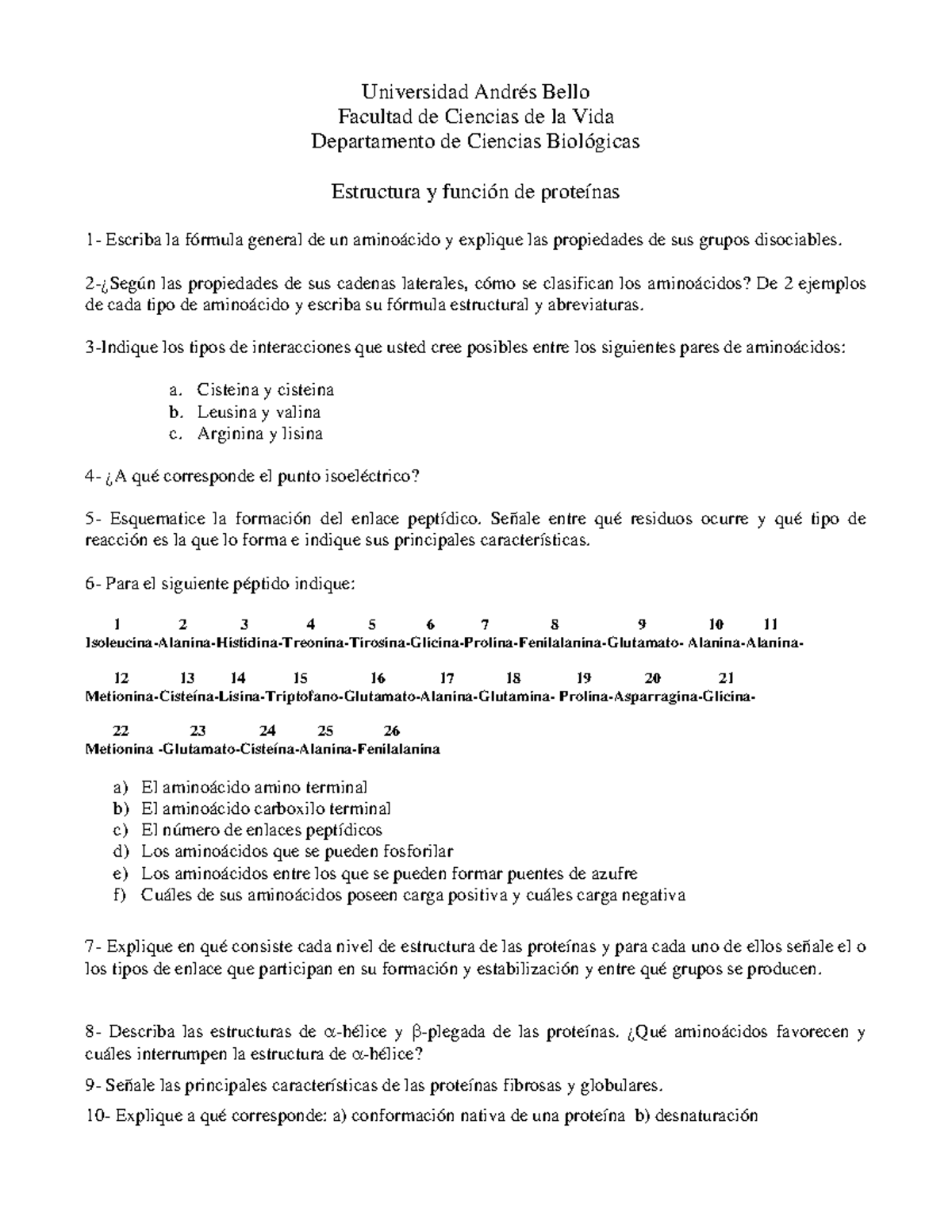 Cuestionario Estructura y función de proteínas - Universidad Andrés ...
