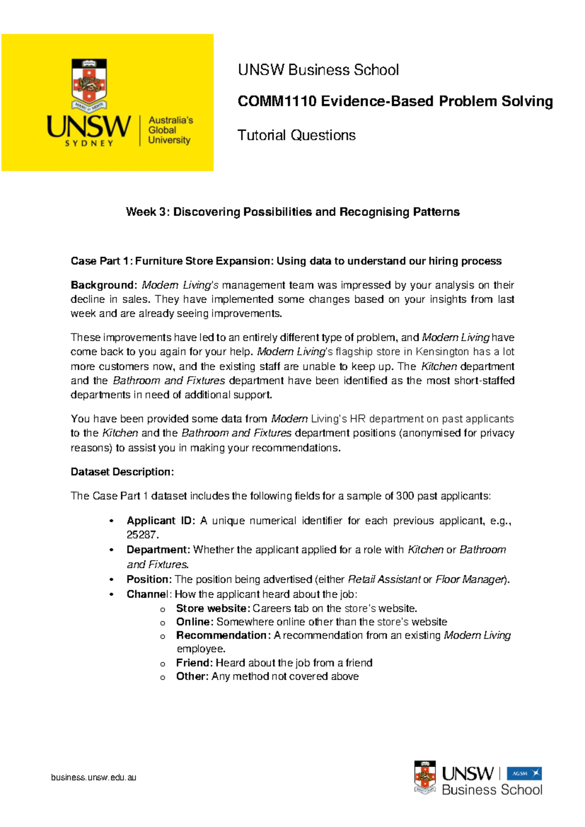 COMM1110 Tutorial Week 3 Questions 2024 T1 - UNSW Business School COMM1110 Evidence-Based ...
