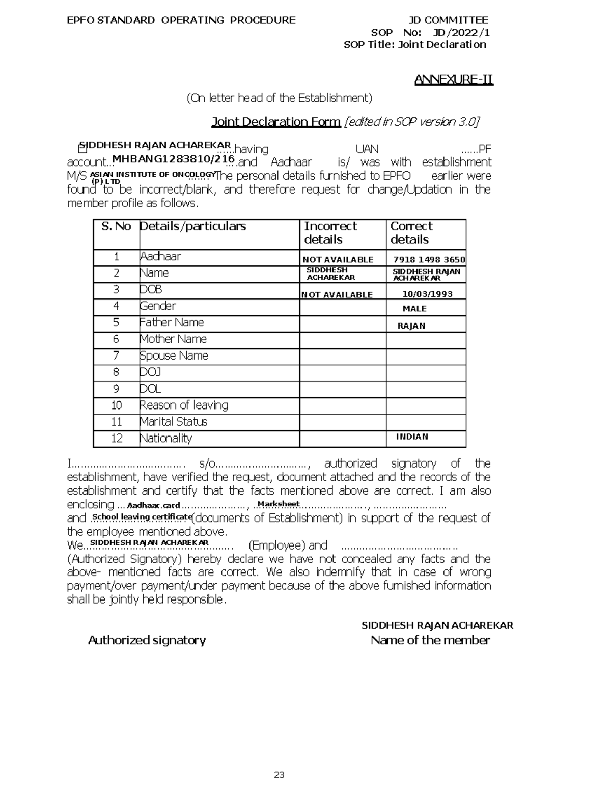 Sopnew - Zvsisnx - EPFO STANDARD OPERATING PROCEDURE JD COMMITTEE SOP No: JD/2022/ SOP Title ...