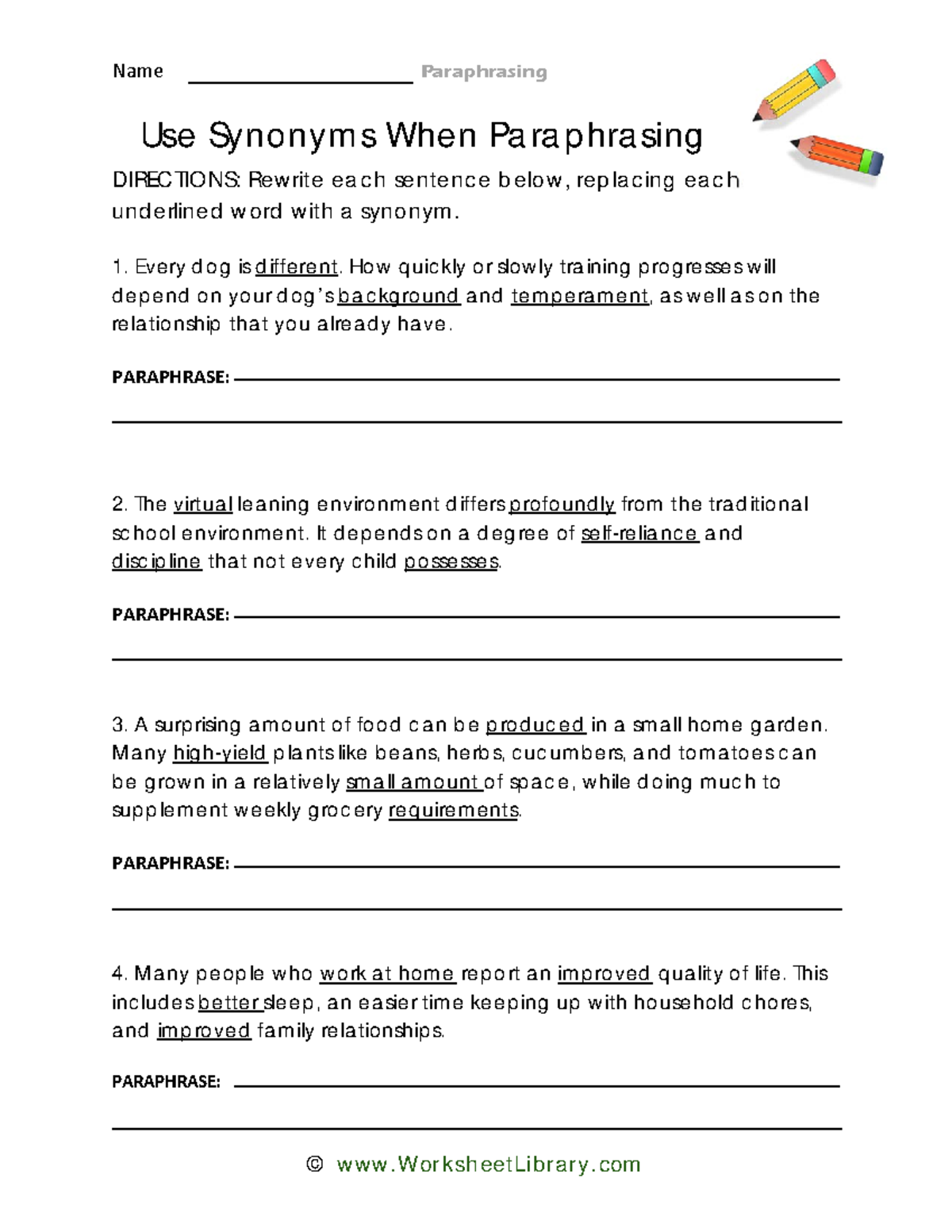 Paraphrase exercise - Name Paraphrasing © WorksheetLibrary Use Synonyms When Paraphrasing - Studocu